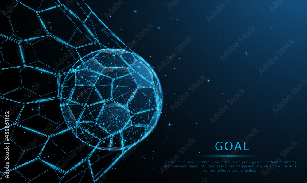 glowing blue Soccer ball in the goal. Low polygon, particle, and ...