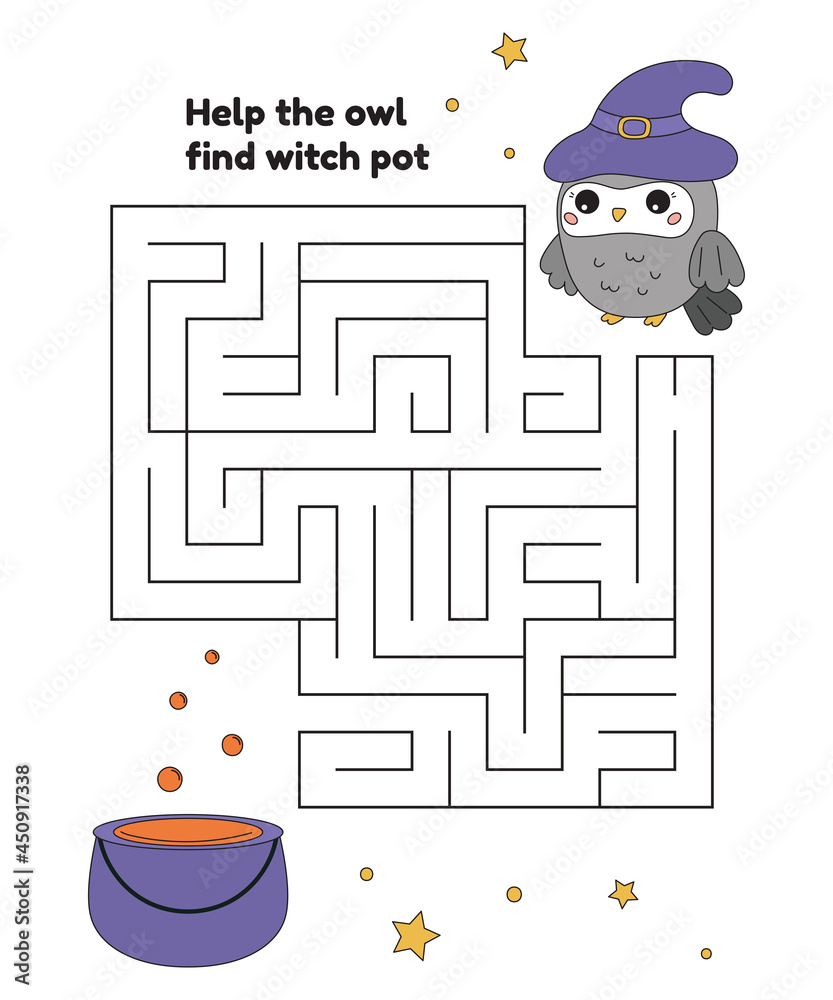 Halloween maze game for preschool and school kids. Help the owl find ...