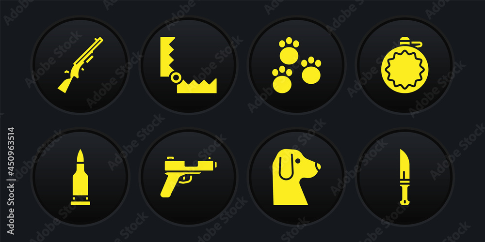 Set Bullet, Canteen water bottle, Pistol or gun, Dog, Paw print, Trap ...