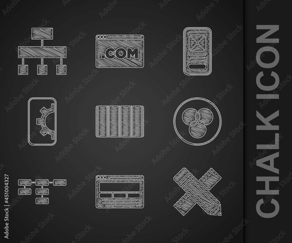 Set Color palette guide, UI UX design, Crossed ruler and pencil, RGB CMYK color mixing, Site map ...