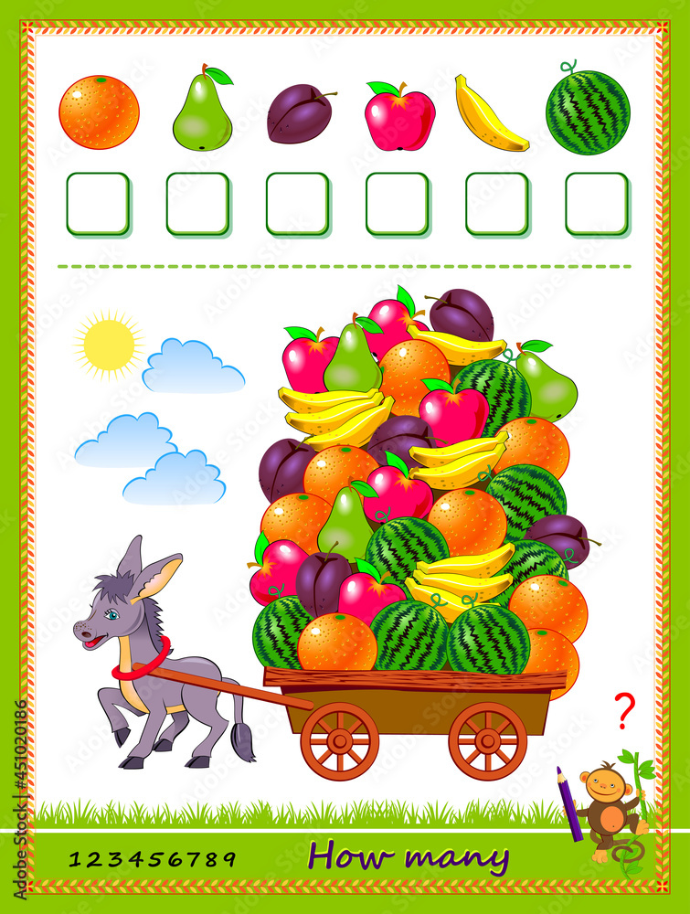 Math education for children. How many fruits harvested donkey? Count ...