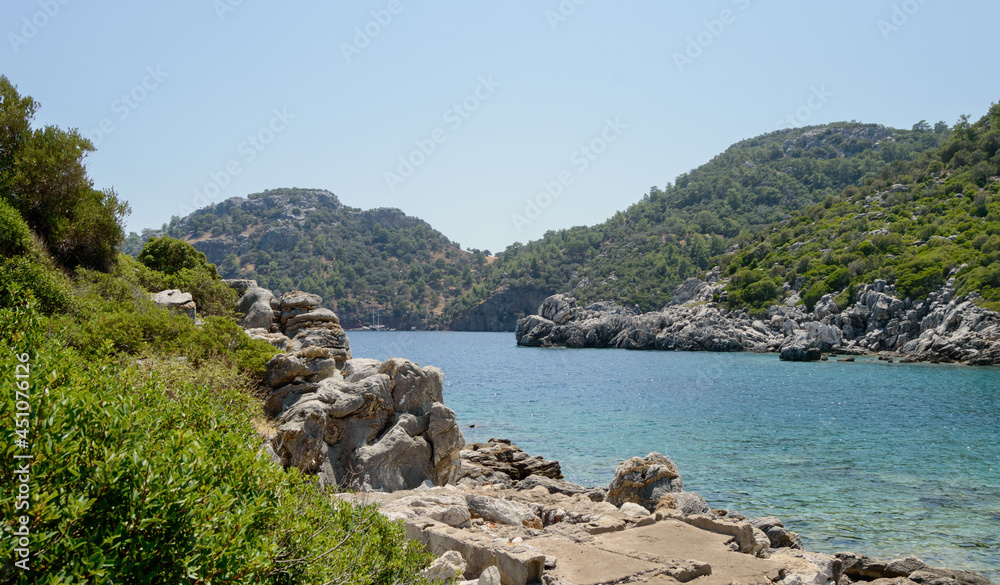 Bay of Marmaris. Olive trees on the slopes of the mountains. Forests ...