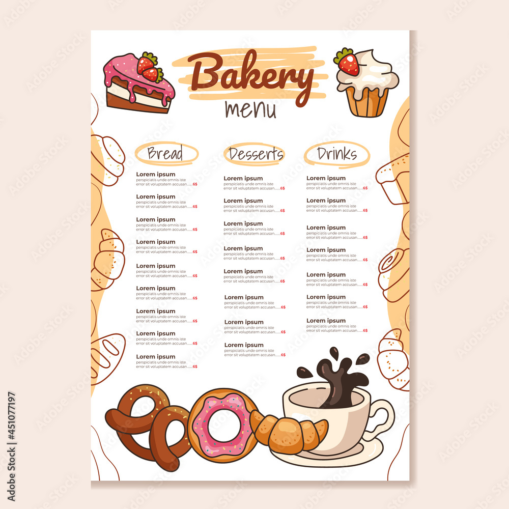 Bakery main menu template mock for cafe and restaurant design for print ...