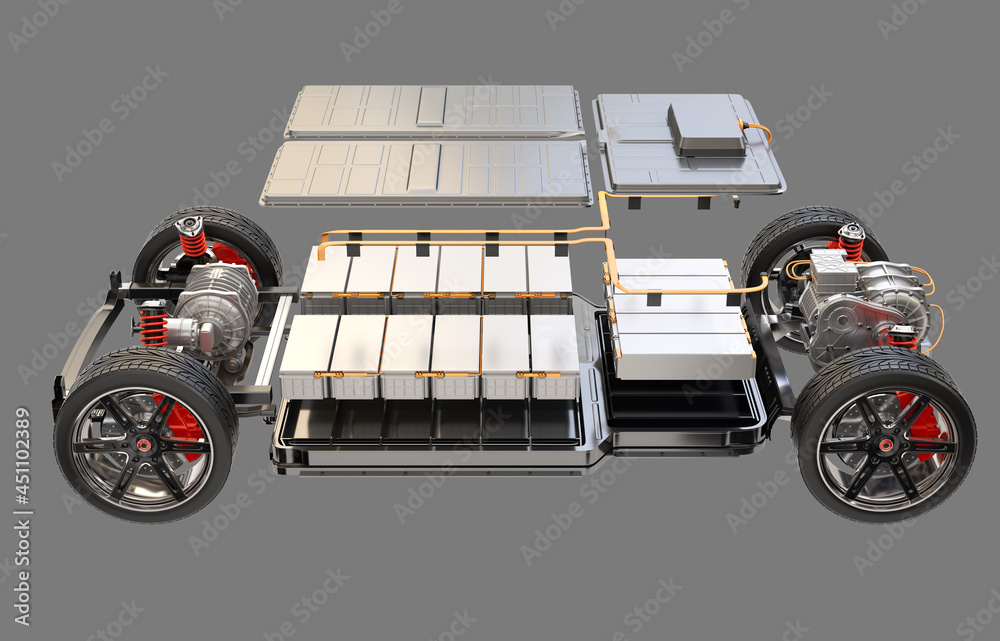 Explode view of electric vehicle chassis equipped with battery pack on ...