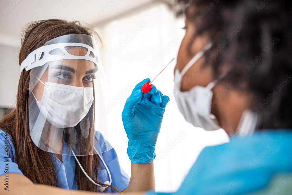 Doctor taking PCR test nasopharyngeal culture to woman patient. Nurse ...