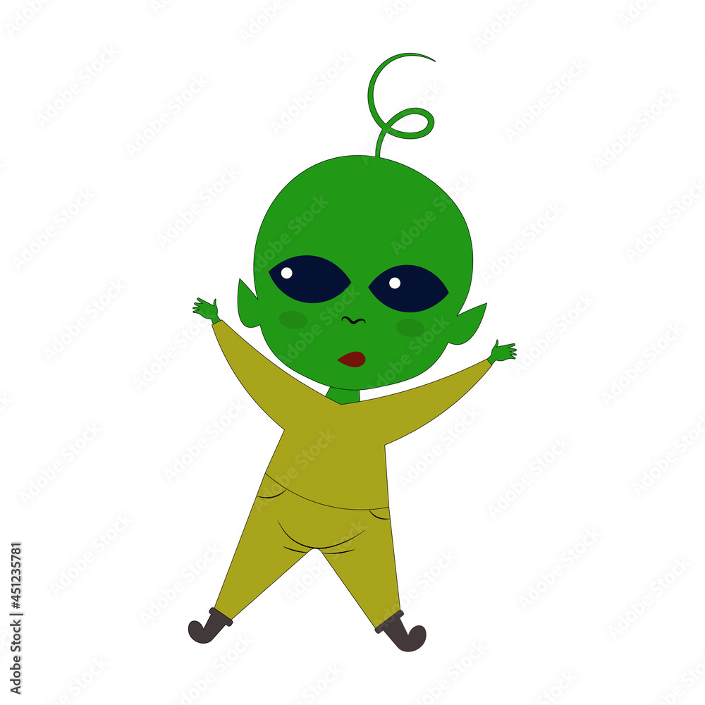 Alien on white background. Alien in a brown suit and with an antenna on ...