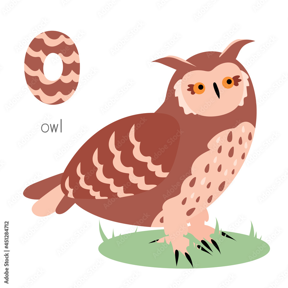 Animals alphabet. O for owl. Flat vector illustration on white ...