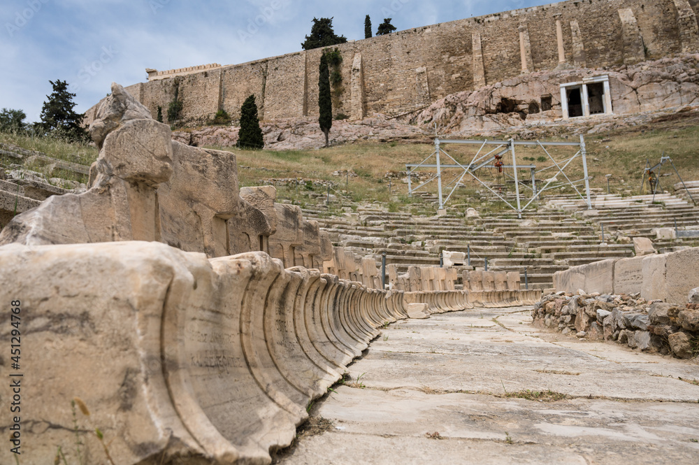 Marble chairs in ancient Greek Theatre of Dionysus on slope of ...