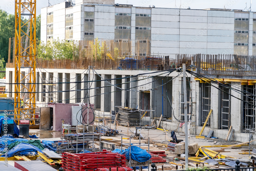 Pit construction site with formwork and reinforcement. Steel ...
