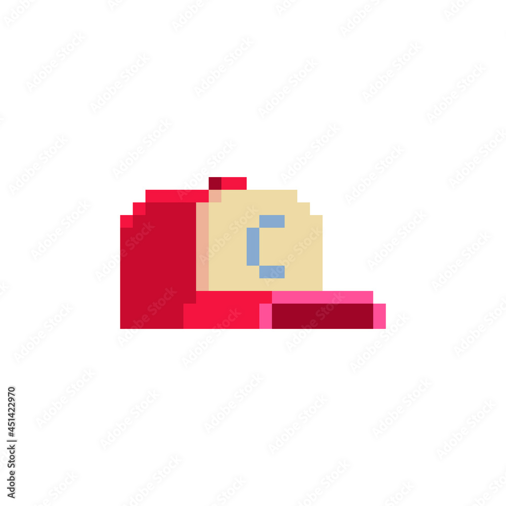 Red cap. Pixel art icon, isolated vector illustration. Baseball ...