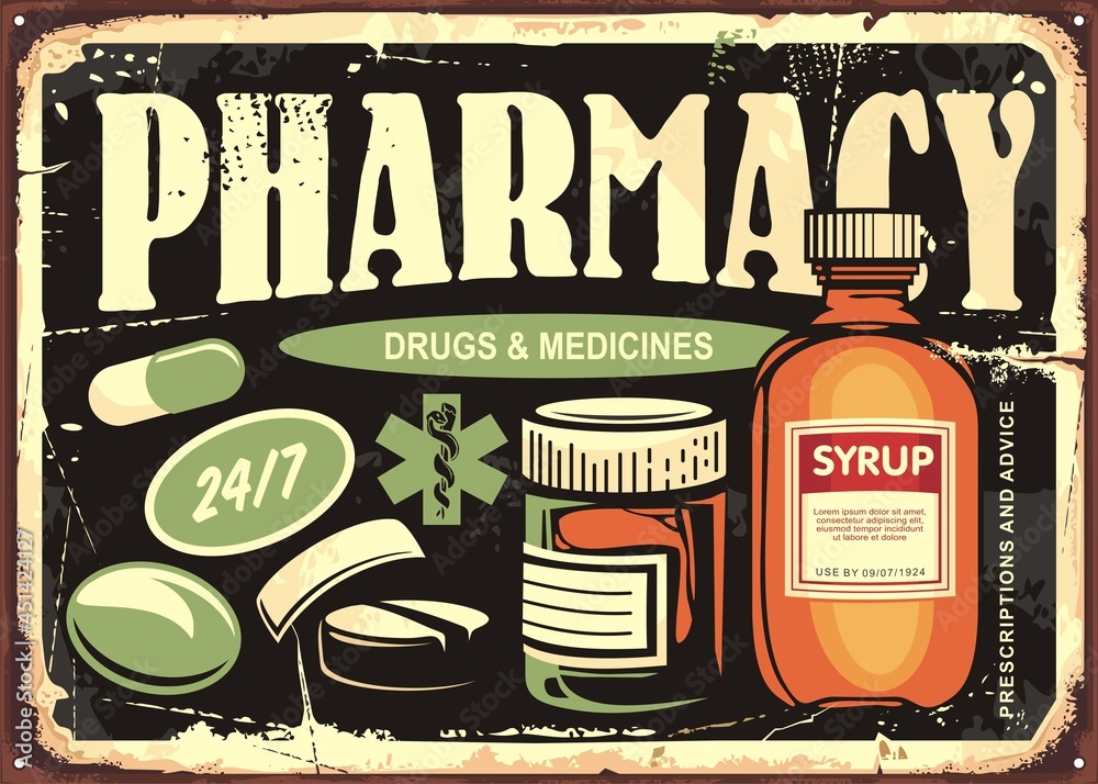 Vintage pharmacy sign with various medicines, drugs, pills and syrups ...