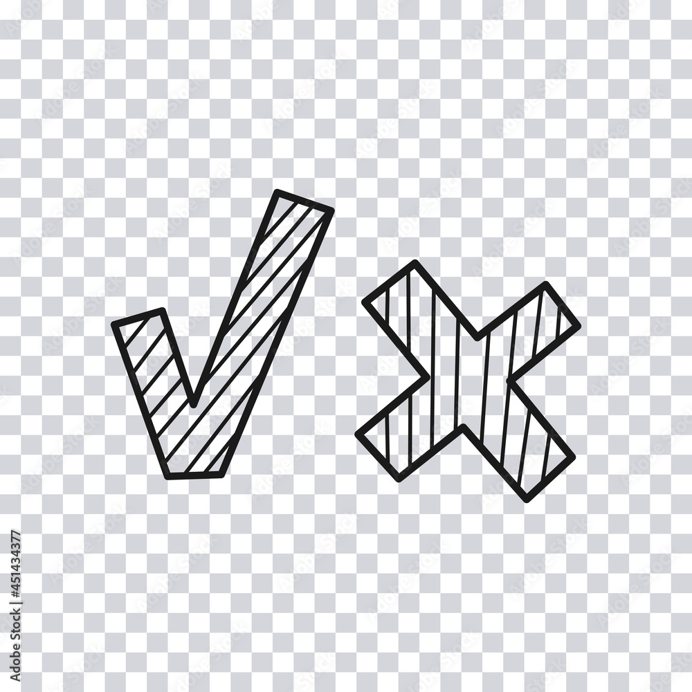 Hand drawn tick and cross isolated on transparent background. Vector ...