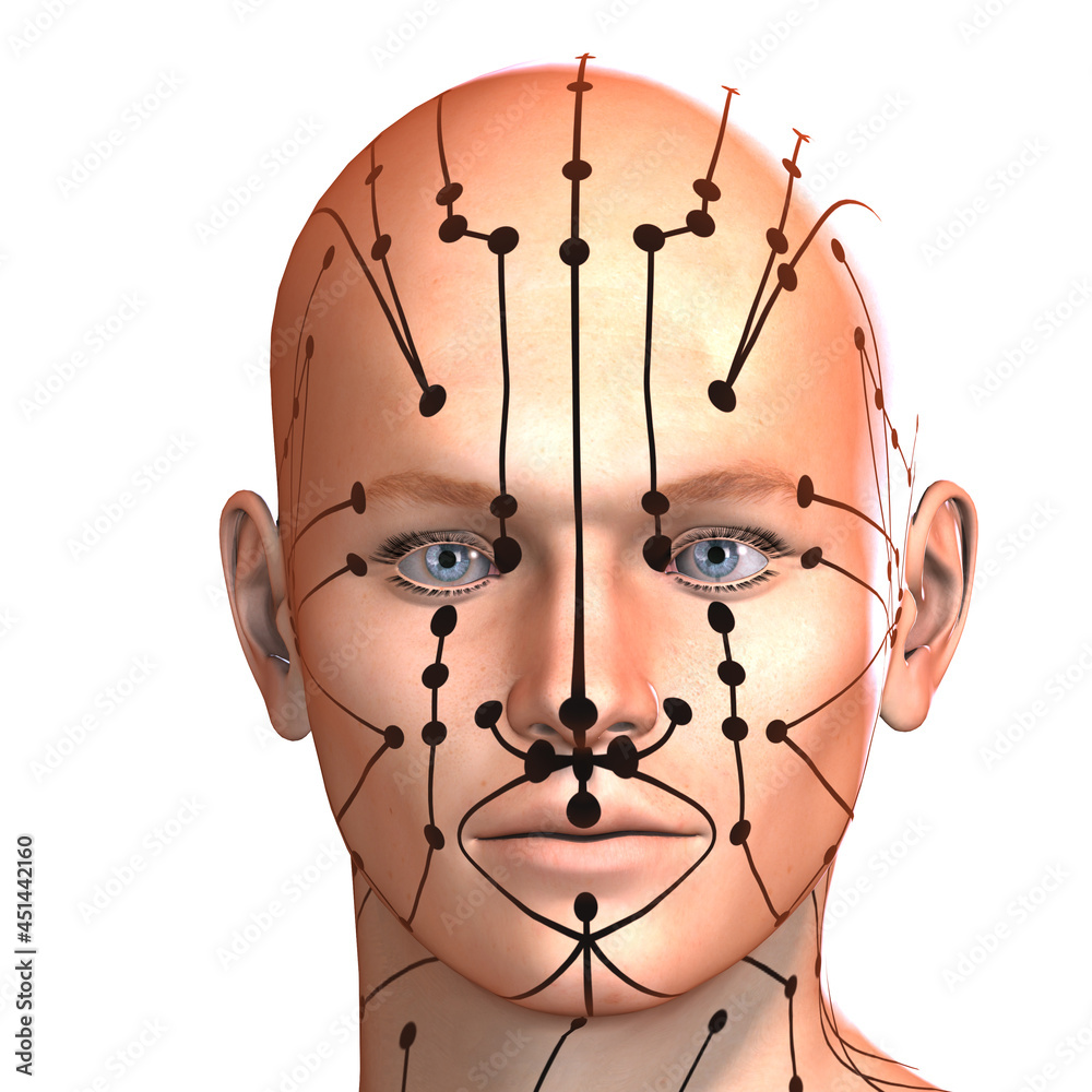 Eastern or Asian acupuncture and acupressure points on a male body ...