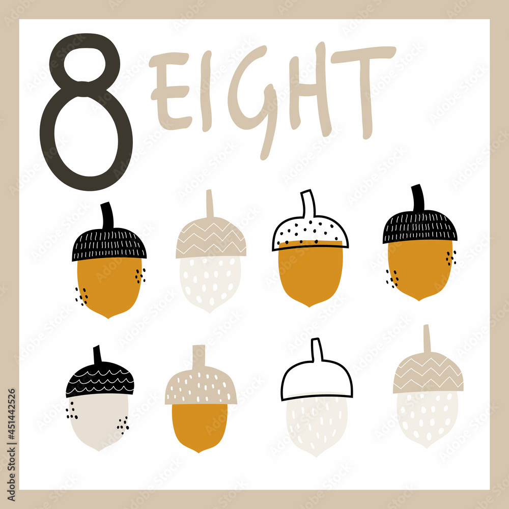 Number eight. 8. Cute hand drawn acorns. Vector card for kids with ...