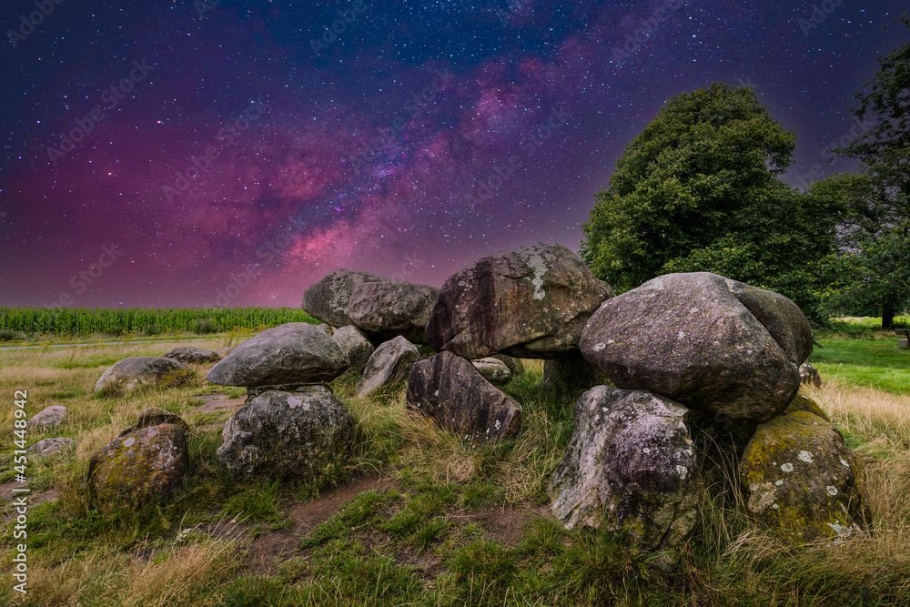 Night view with starry sky in a clear sky of the remains of a ...