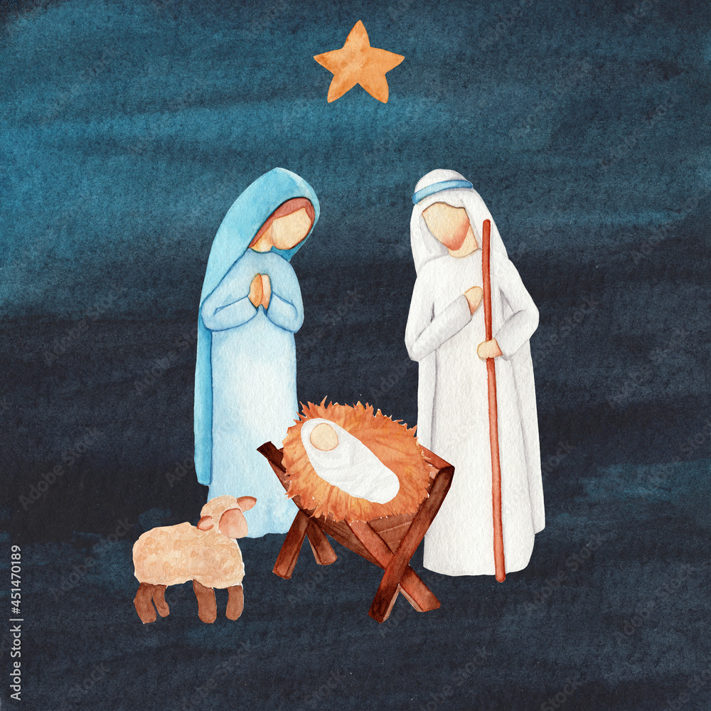 Watercolor Christmas Nativity scene. Christianity story with Baby Jesus ...