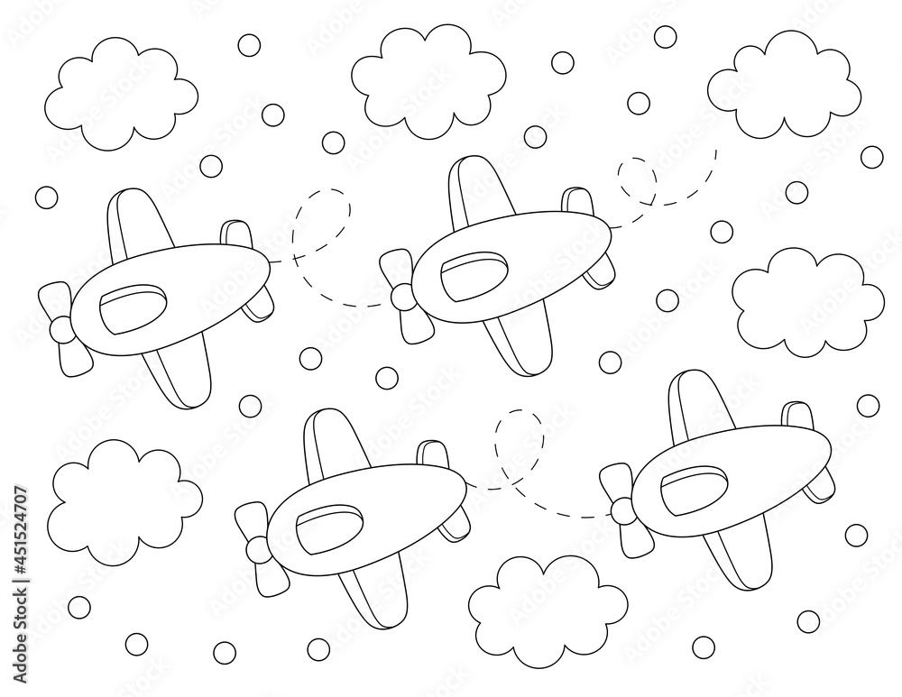 Ilustración de Stock cute airplanes flying in the sky, outline coloring ...