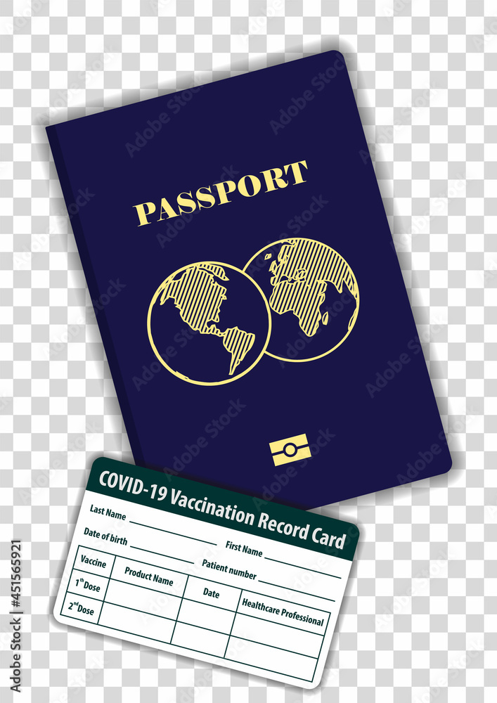 International Passport and Covid-19 Vaccination card isolated on transparent background. Mock Up ...