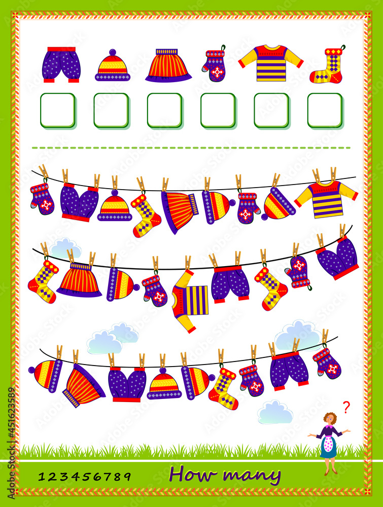 Math education for children. How many clothes can you find? Count quantity and write the numbers ...