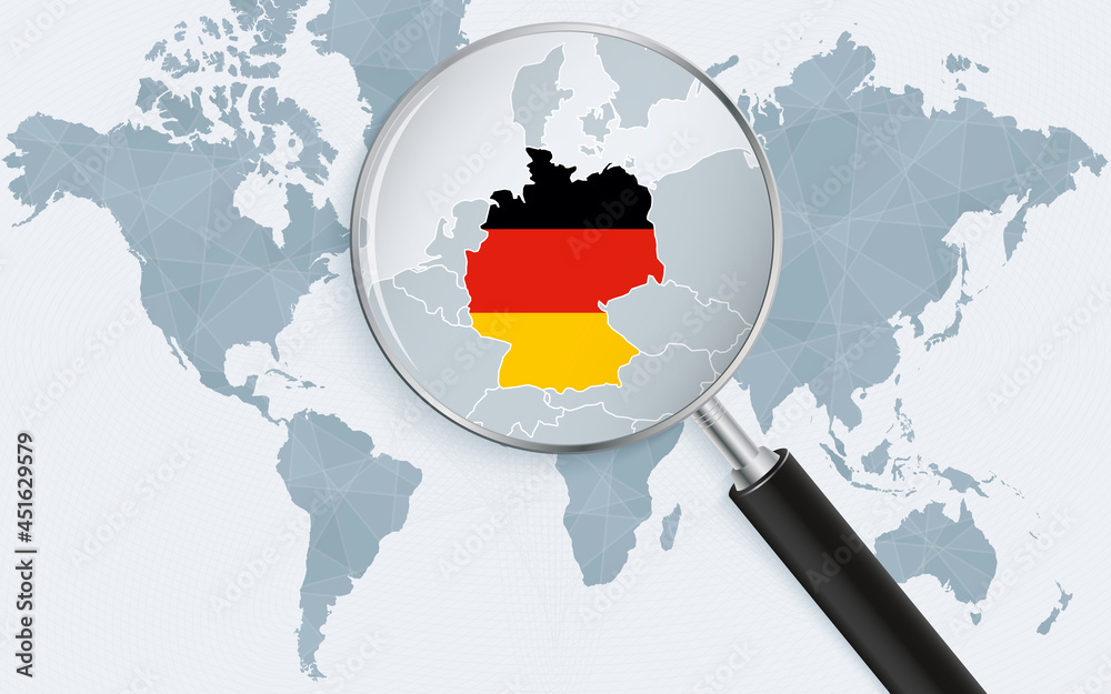 World map with a magnifying glass pointing at Germany. Map of Germany ...