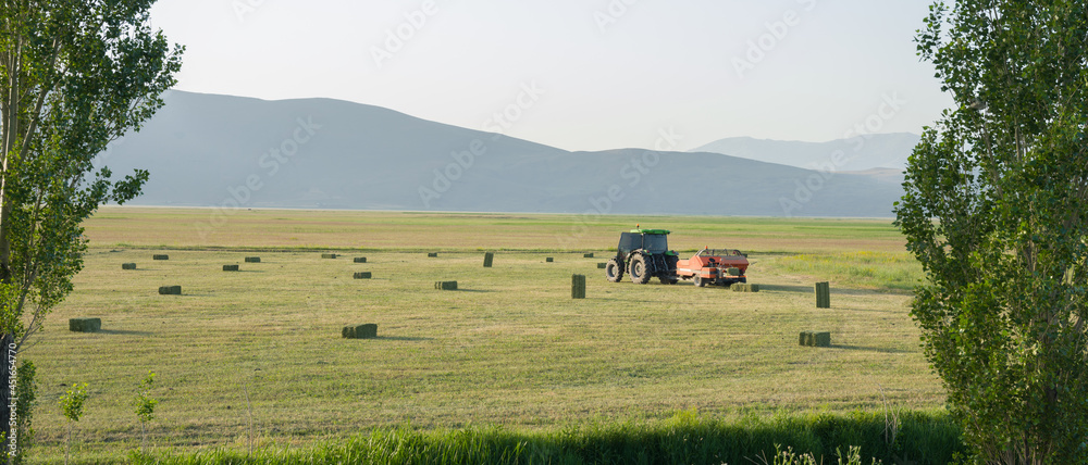 Rectangular baler discharges a straw bale in a field. Straw Harvesting ...