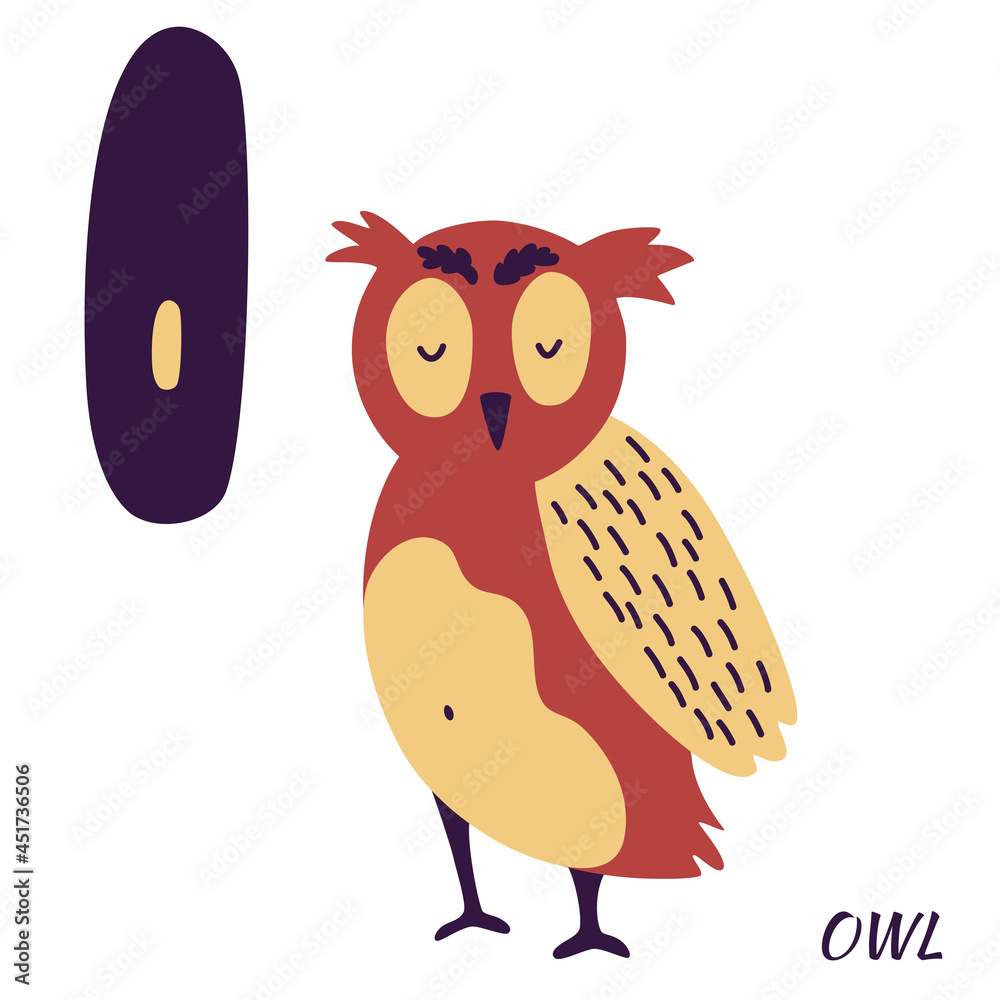 Owl Animal alphabet. Learning letter O. Hand draw forest animals in ...