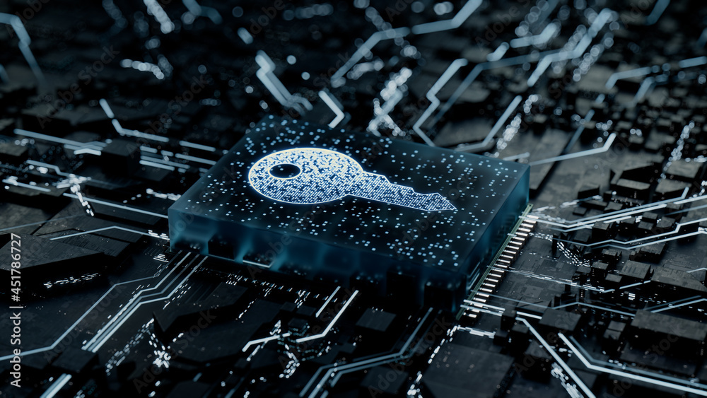 Security Technology Concept with key symbol on a Microchip. Data flows from the CPU across a ...