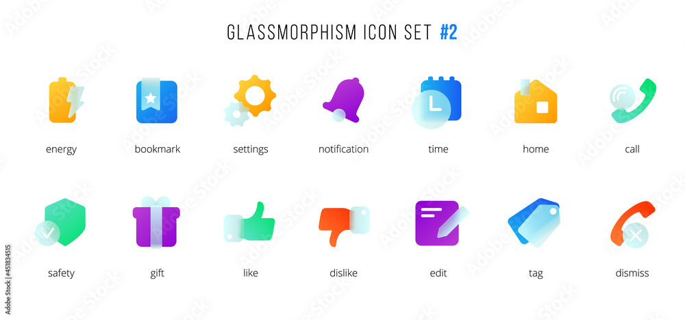 A set of vector icons of the modern trend in the style of glassmorphism ...