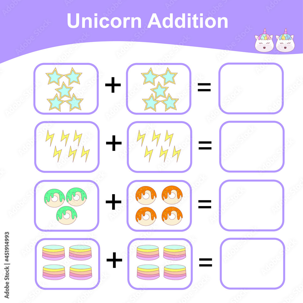 Unicorn Addition Math Game for Preschool. Counting Game Worksheet for ...
