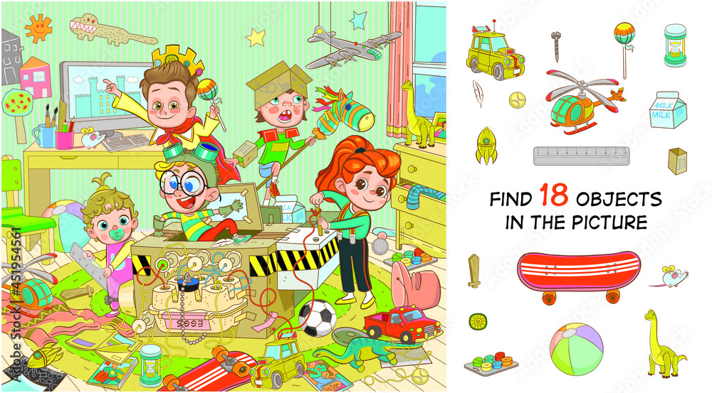 Find 18 objects in the picture. Hidden objects puzzle. Children play in ...