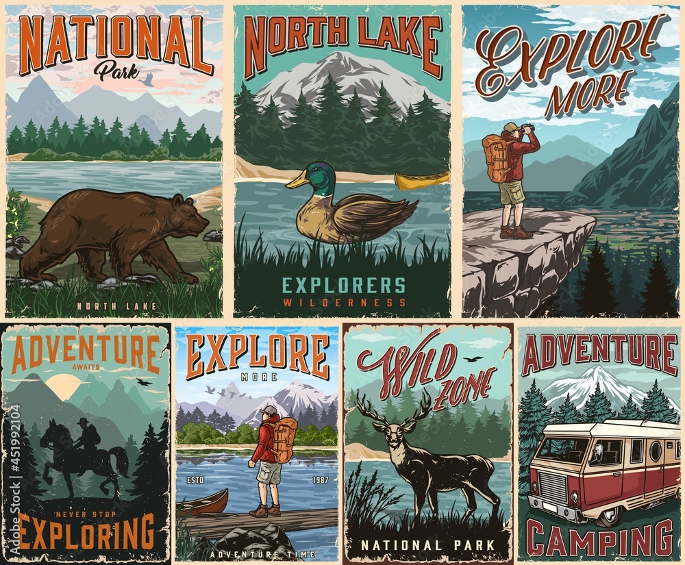 เวกเตอร์ Stock Camping and summer adventure posters | Adobe Stock