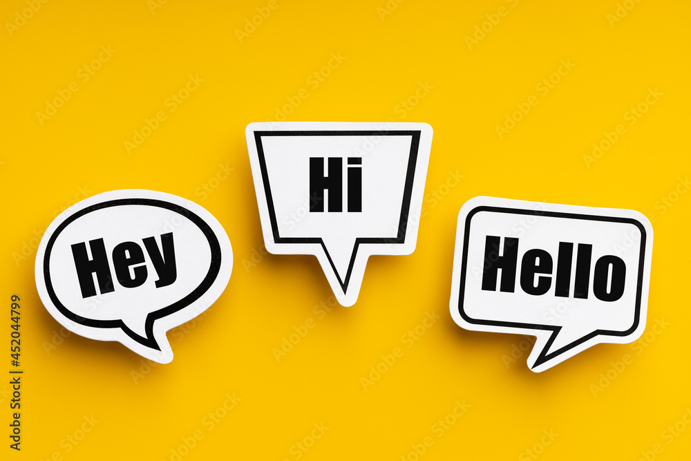 Hey, Hi, Hello Speech Bubbles Stock Photo | Adobe Stock