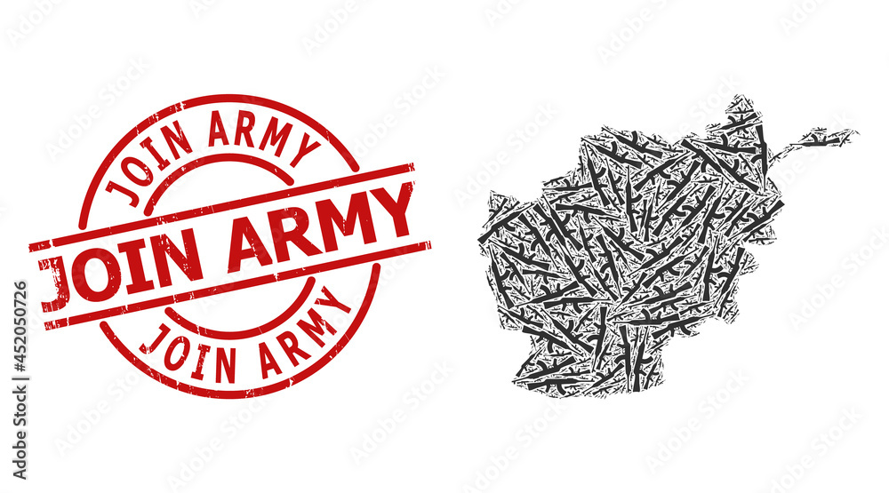 Textured Join Army badge, and kalashnikov gun mosaic of Afghanistan map ...