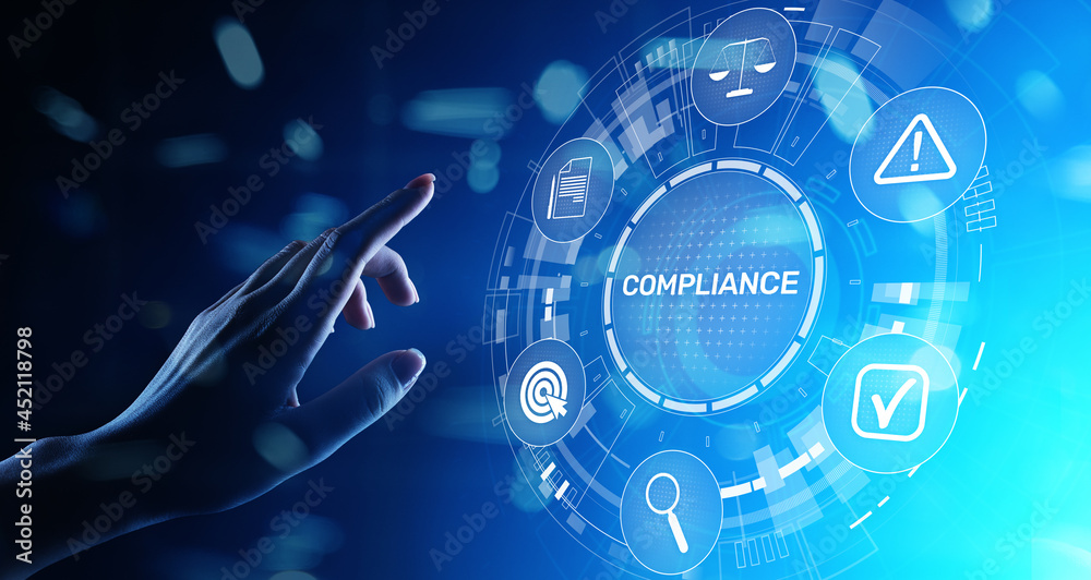 Compliance concept with icons and text. Regulations, law, standards ...