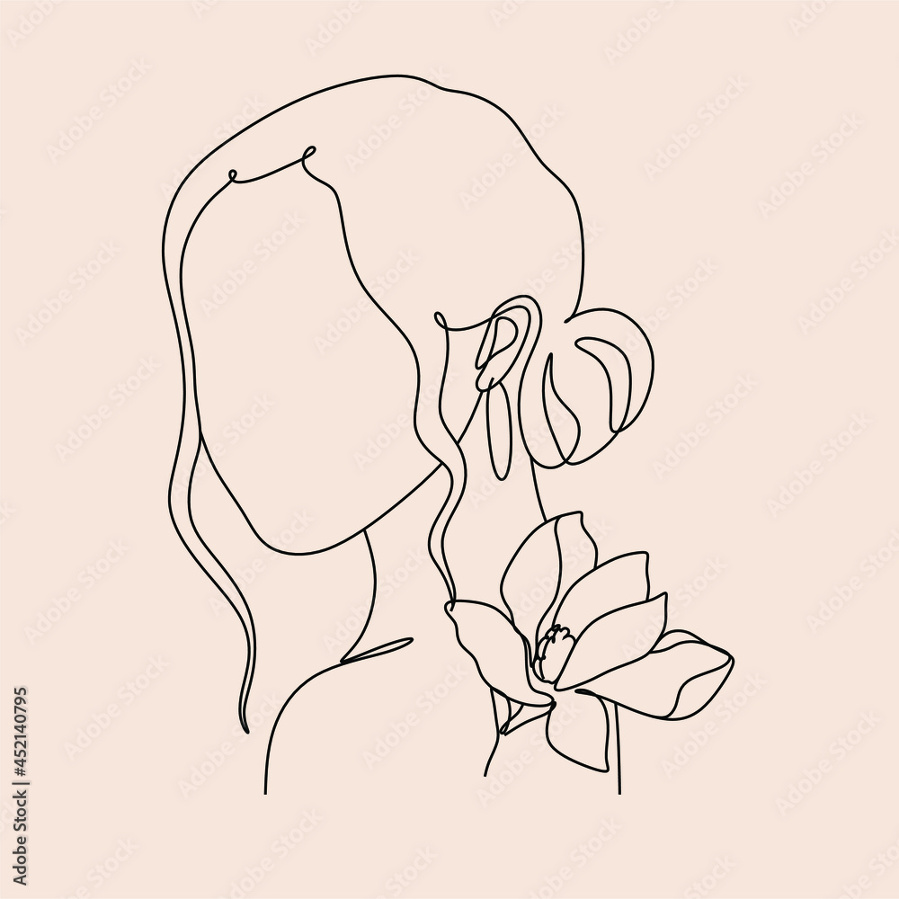 Flower face woman line drawing. Modern continuous line art. Women line ...