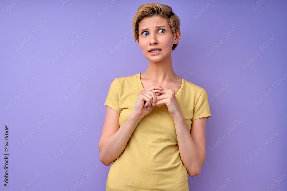 Oh no I failed again. Portrait of sad scared lady with horrified facial ...