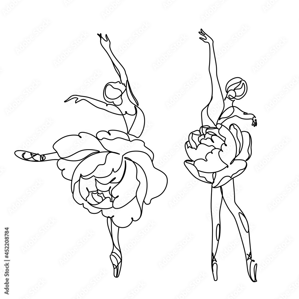 Ballet dancer in continuous line art drawing style. Ballerina black ...