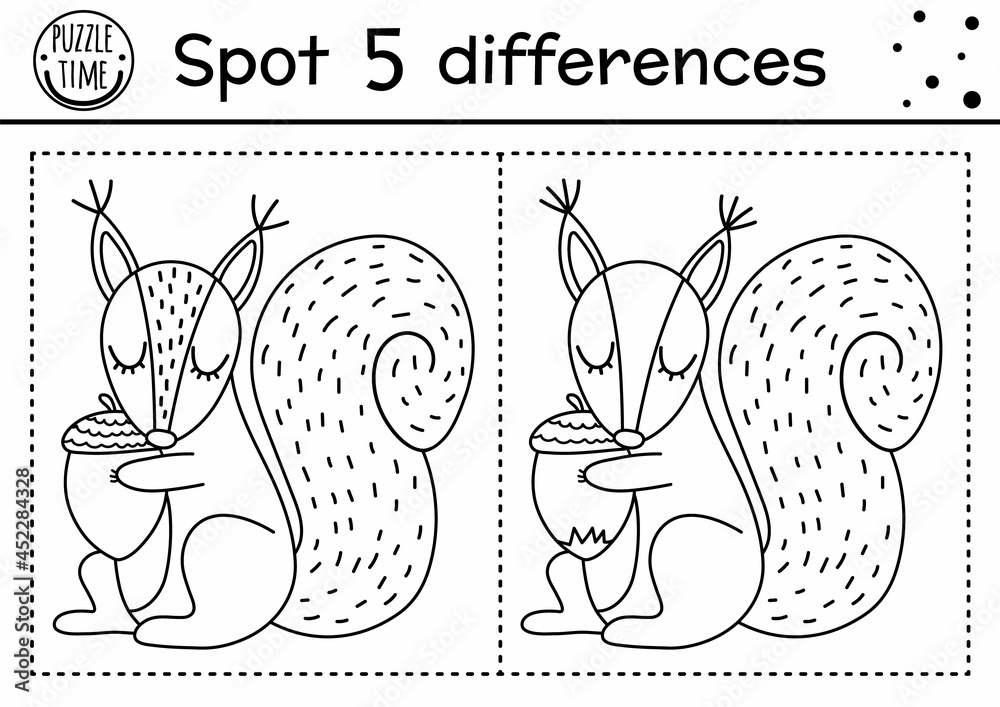 Find differences line game for kids. Black and white Autumn forest ...