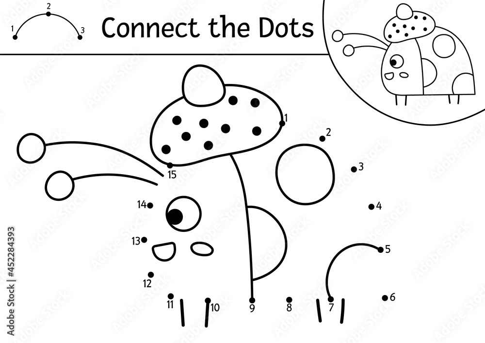 Vector dot-to-dot and color activity with cute ladybird. Forest connect ...