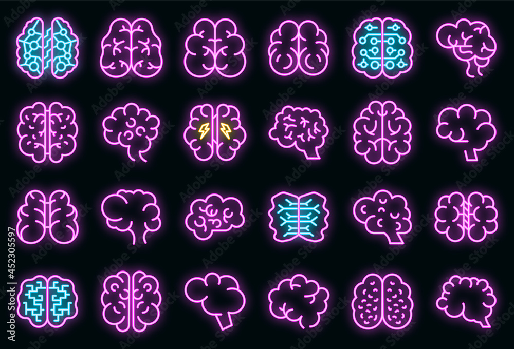 Human brain icons set. Outline set of human brain vector icons neon ...