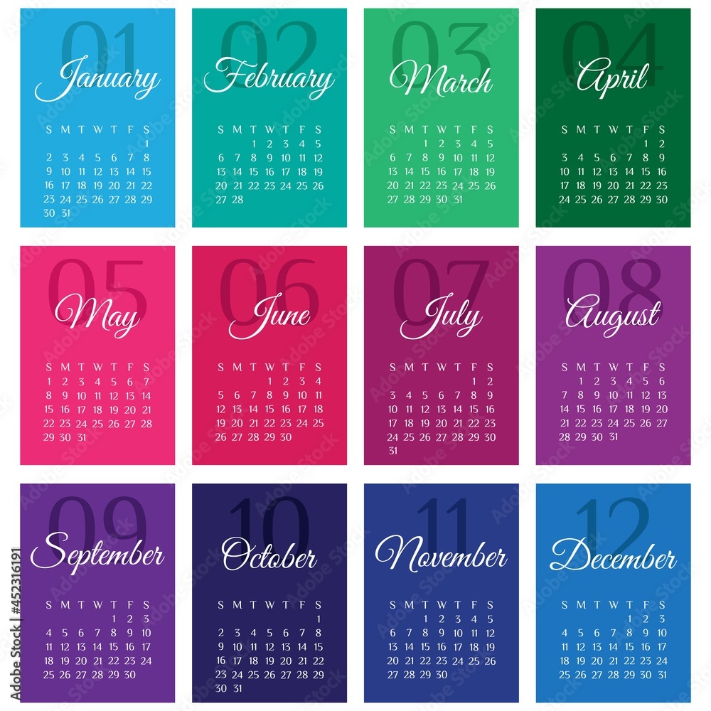Vector illustration. Colorful calendar 2022 template. Week Starts on ...