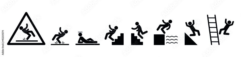 Falling warning sign. Careful, slippery floor. Man on the stairs icon ...