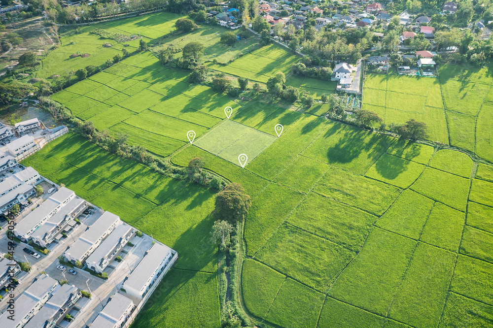 Land plot in aerial view. Identify registration symbol of vacant area ...