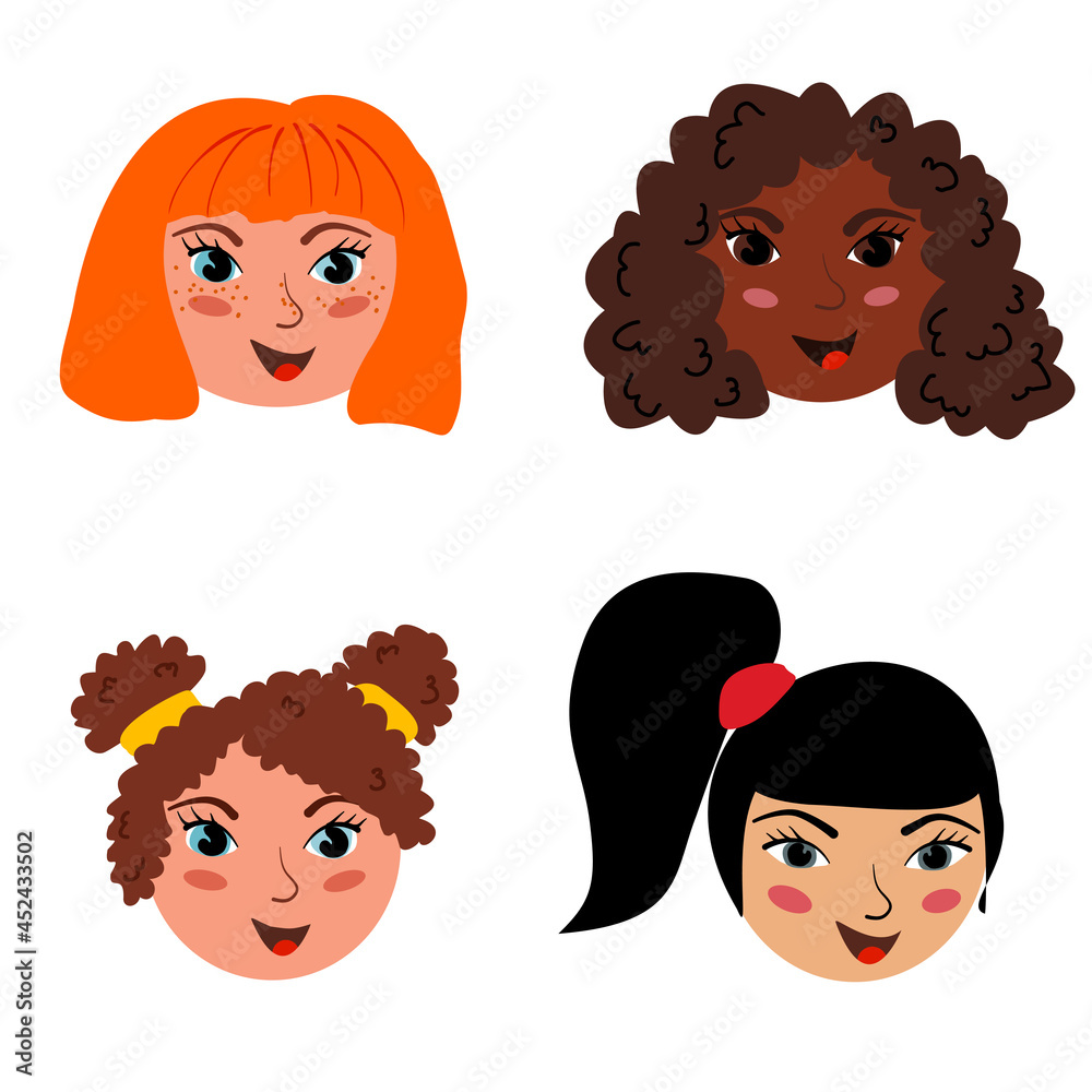 Cute cartoon children avatars set. Diverse kids faces in simple hand ...