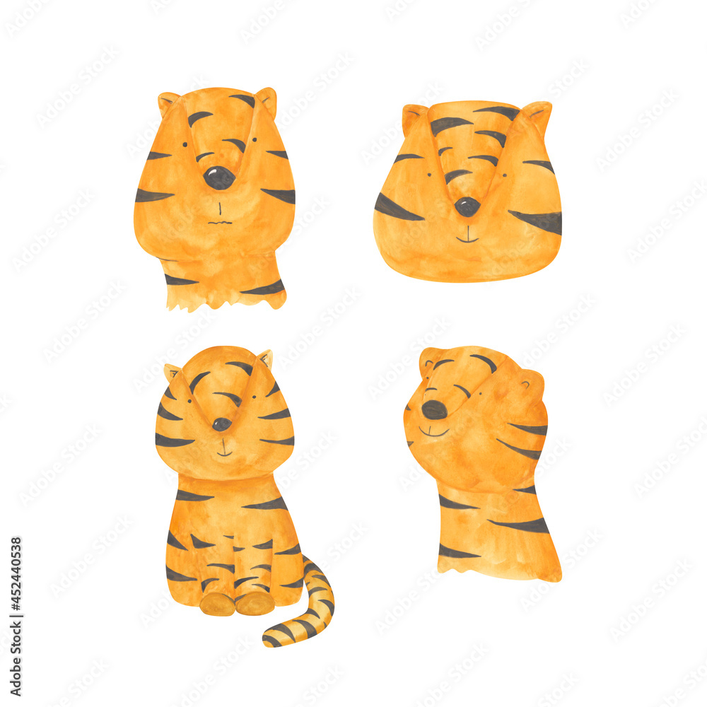 Set of 4 watercolor tigers isolated on a white background. Hand-drawn ...