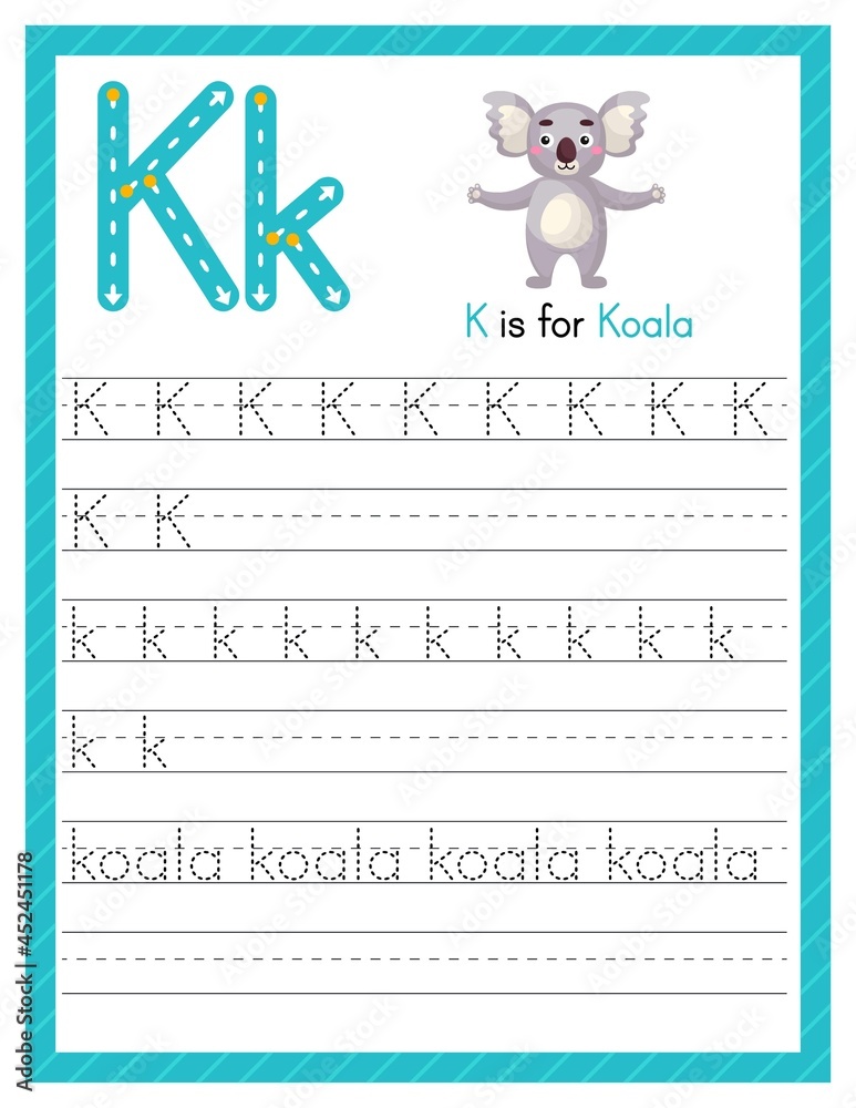 Trace letter K uppercase and lowercase. Alphabet tracing practice ...