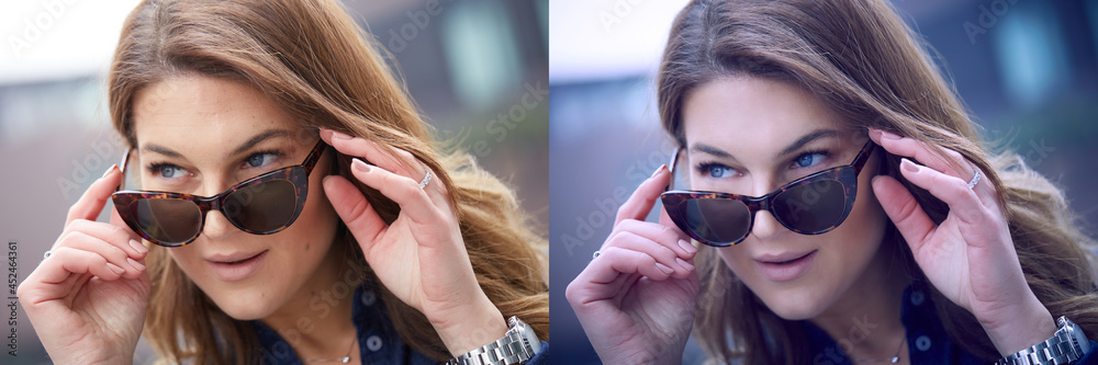 Before-after processing. Woman before and after retouch. Comparison ...