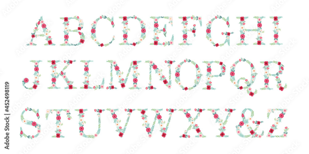 Cute vintage alphabet letters with hand drawn rustic flowers Stock ...