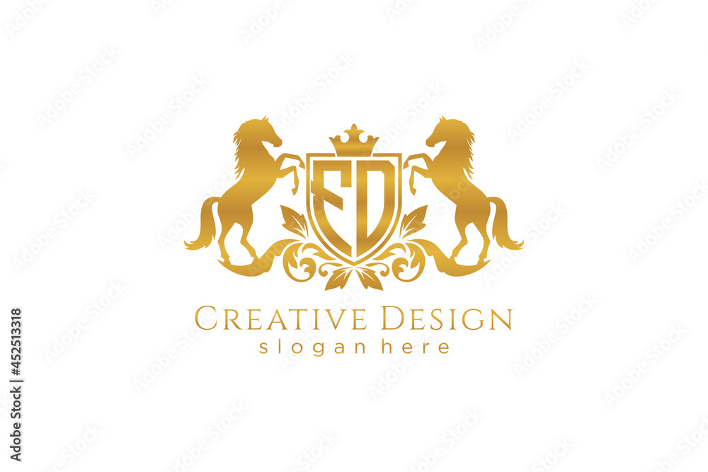 initial FD Retro golden crest with shield and two horses, badge ...