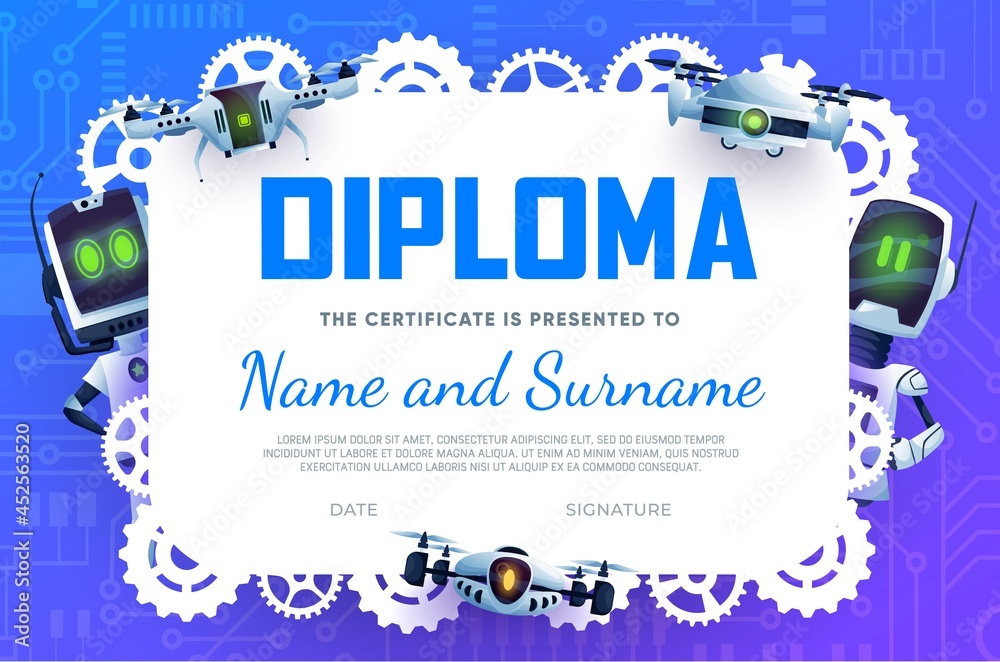 Kids diploma. Robots and gears, certificate award for education, vector ...